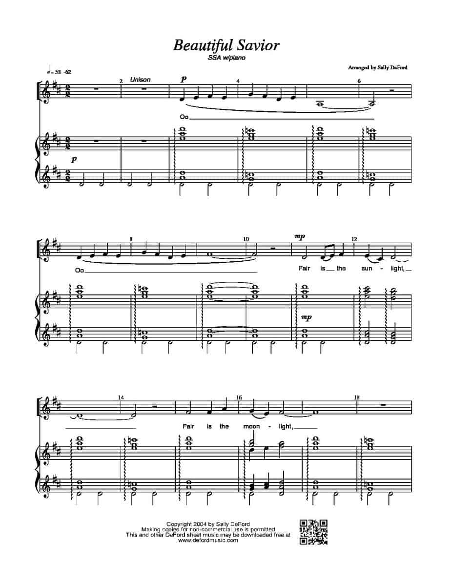 SSA: Beautiful Savior – Piano and voice | Sally DeFord Music