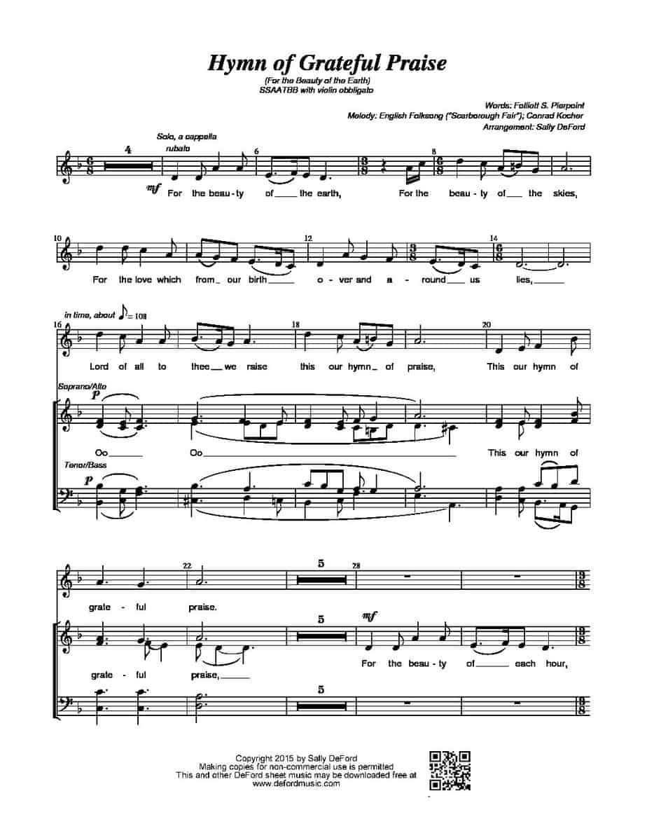SSAATBB: Hymn of Grateful Praise – Voice parts only | Sally DeFord Music